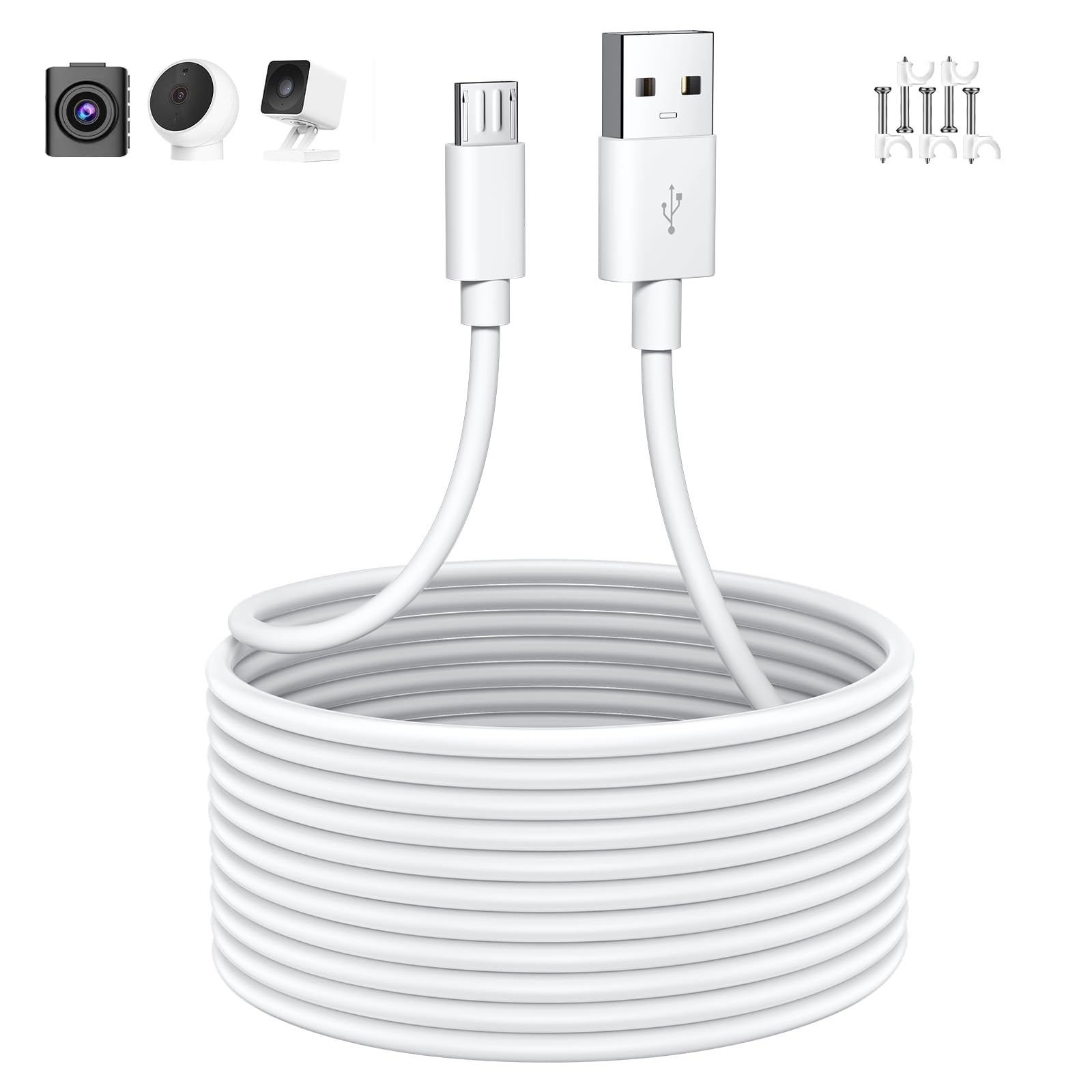 ・パッケージ内容：USB A to Micro usb 電源ケーブル*1本 白 (3M）,ケーブルステップル配線固定用*5個。(本製品は防犯カメラに給電・充電専用のUSBケーブルです。データ転送を対応しません。ご購入前ご愛機の接続ポートをm...