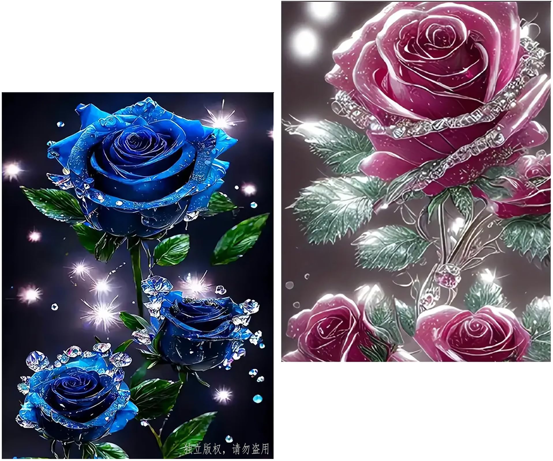 ・【5 Dダイヤモンドアート キット】クリスタルローズ 2個セット 四角いビーズ ダイヤモンドアートには必要なすべてのツールが付属しています。高精細キャンバスx2枚、ダイヤモンドペンx2本、粘土糊x2個（2x2cm）、ビーズトレイx2個、カ...