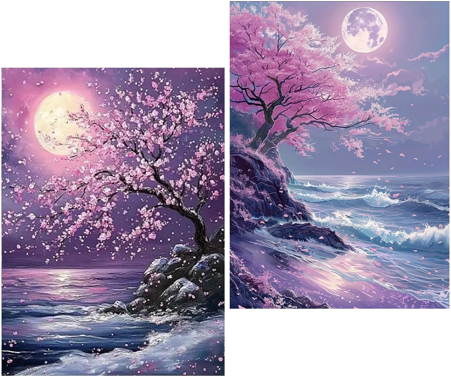 ・【5 Dダイヤモンドアート キット】桜 月 2個セット 四角いビーズ ダイヤモンドアートには必要なすべてのツールが付属しています。高精細キャンバスx2枚、ダイヤモンドペンx2本、粘土糊x2個（2x2cm）、ビーズトレイx2個、カラフルな四...