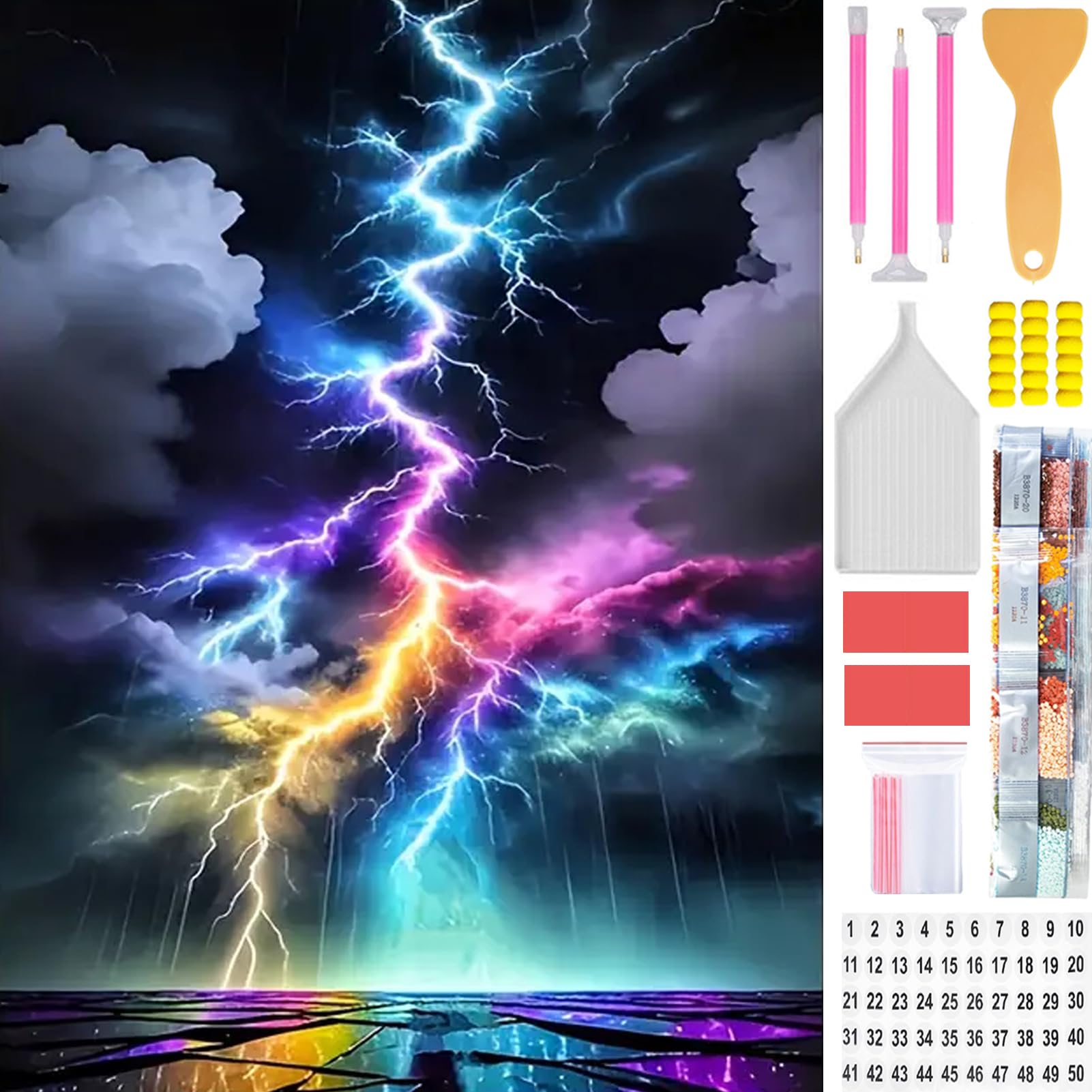 ・【5 Dダイヤモンドアート キット】稲妻 四角いビーズ ダイヤモンドアートには必要なすべてのツールが付属しています。高精細日本語キャンバスx1枚、ダイヤモンドペンx3本(3連ペン+6連ペン+9連ペン)、ダイヤモンドペン専用指の保護するキャ...