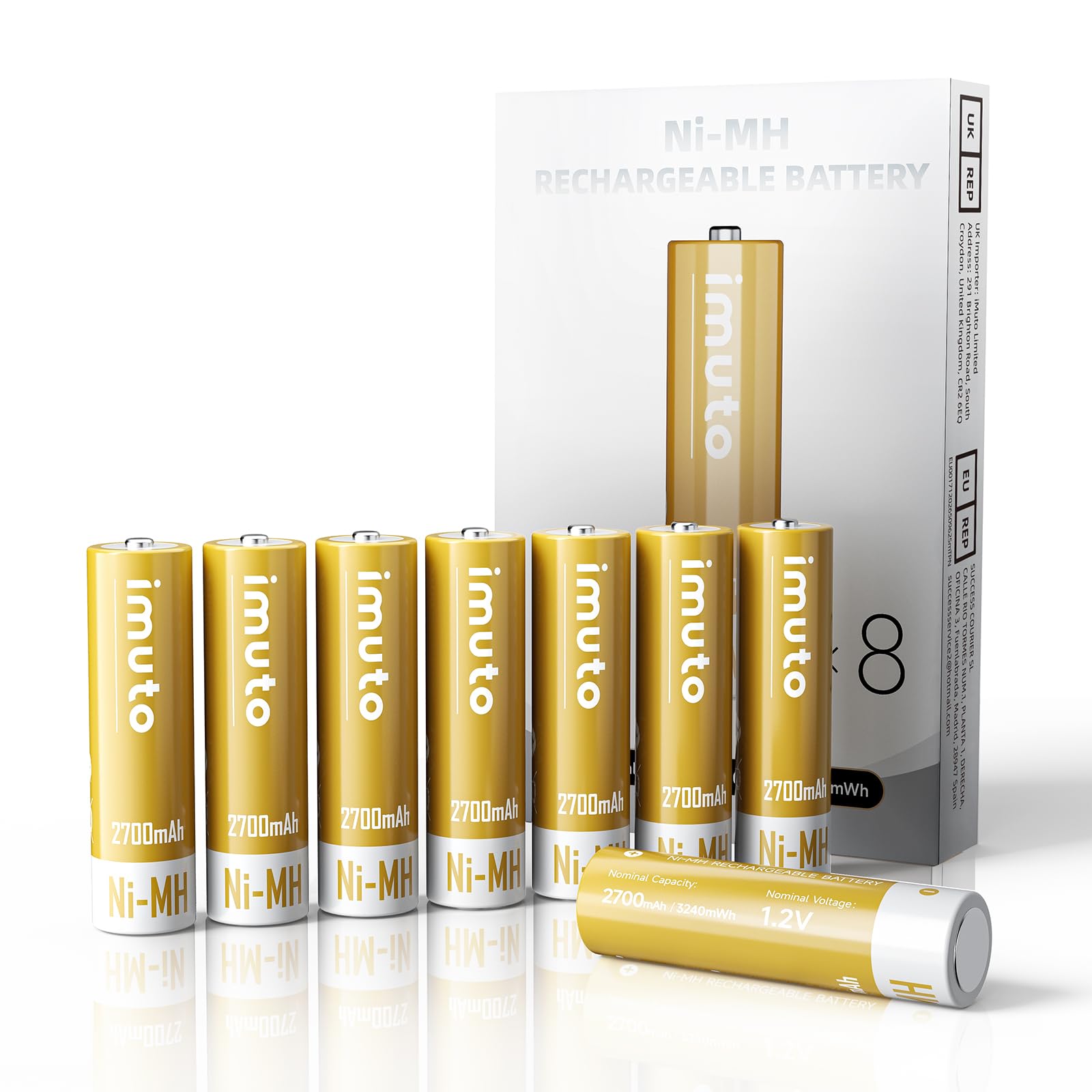 ・単三形充電式ニッケル水素電池　8本入り・電池容量：2700mAh・1000回繰り返す可能・電圧：1.2V