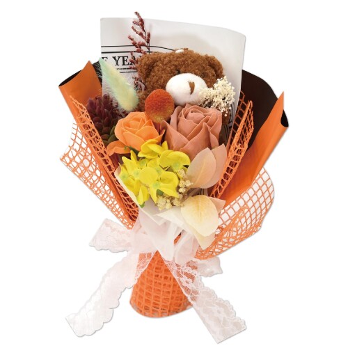 ポピー名古屋 ソープフラワー シャボンフラワー 造花 ギフト プレゼント 2輪ブーケ バラ 花束 約23cm ぬいぐるみ クリアボックス付き SBL-213 オレンジ 【ソープフラワー】ソープフラワーとは、石けん素材から作られた観賞用のお花...