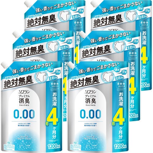 ソフラン プレミアム消臭 ウルトラゼロ 柔軟剤 詰め替え 特大1200ml×6個セット 強い香りで、ごまかさない。目指したのは、「絶対無臭」。ニオイを感知させないテクノロジーを搭載した柔軟剤。 嗅覚に着目したニオイキャンセリング機能が、悪臭...