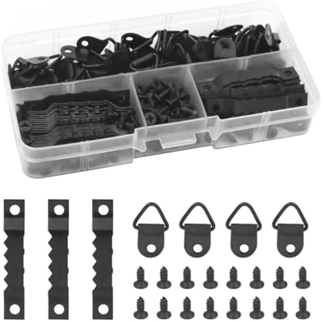 約251PCSの壁掛けフックセットには、鋸歯状フック約50PCS、釘150PCS、三角吊り金具50PCS、スクリュードライバー1PCSが含まれており、様々なアイテムの吊り下げに対応できます。小さなハードウェア部品が紛失しないよう、仕切り付き...