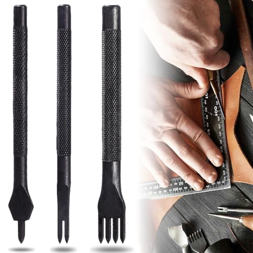 セット内容：菱形穿孔穴あけ工具3本セット（3mm1歯/3mm2歯/3mm4歯）歯の間隔：3mm素材：ハイカーボンスチールカラー：ブラック菱形穿孔は、革製品の手縫いに最もよく使われる工具です。前の穴と同じ要領で次々と穴を開けることができます。...