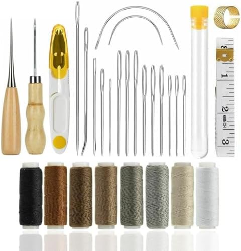 【包装内容】 はさみ*1、指貫*1、測定尺*1、千枚通*2、糸*8、裁縫用針*16、針入れも付属。計29点セット。 【ワックス糸】 皮革工芸品に必須のワックス糸は、特殊繊維の耐久性が向上し、初心者向けに使用頻度の高い色が統一されています。5...