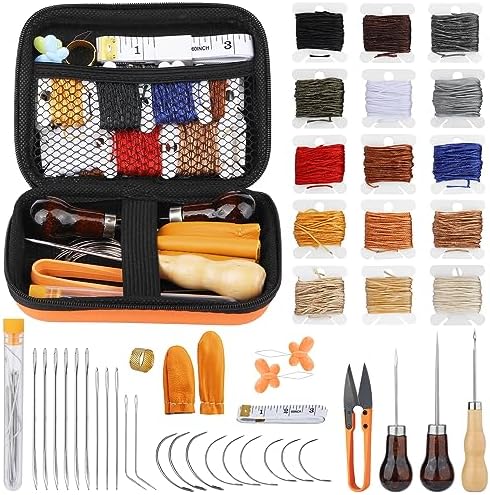 レザー縫製キットには、レザーミシン針20本、ミシン錐3本、レザーミシン糸5m×15巻、糸ハサミ、指サック、糸通し器、小さな巻尺が含まれています。豊富なツールはさまざまなニーズに応え、初心者にも専門家にも最適です。レザーニードルセットには、さ...