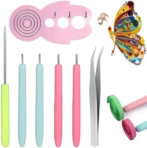 セット内容：7本のペーパークイリングツールセット（キルティングペン4本 + アウル（ランダムカラー）1本 + 人型紙巻器（ピンク）1本 + ピンセット1本）使いやすい：このクイリングツールキットは、カード紙を簡単に回転させ、糊を均等に塗るこ...
