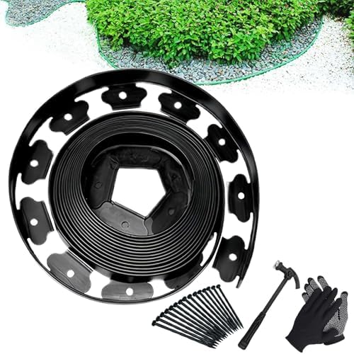 【商品仕様と付属品】ガーデンエッジはポリエチレン製で、寸法は高さ 5cm、長さ 5m、幅 5cm（重量約 0.8kg）。付属の固定ピン 15 本は、自由な間隔で打ち込むことができます。しっかり固定しズレにくい構造です。さまざまな長さ（5m/...