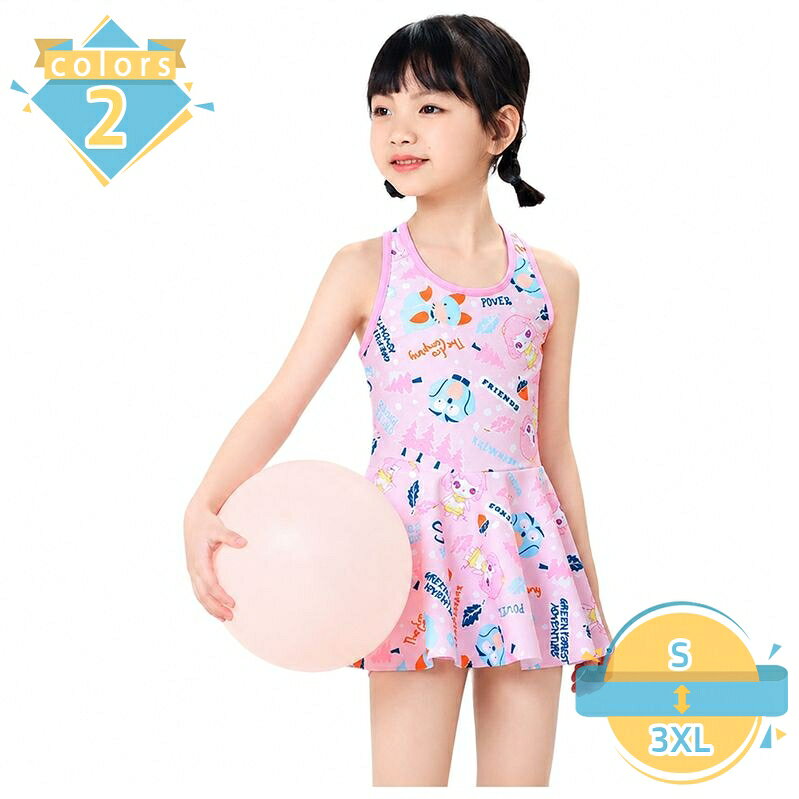 表地：ポリエステルメイン素材：ポリエステル【ワンピース水着】女の子用の可愛いキャラクタープリント入りワンピース水着です。フレアスカート仕様の可愛らしいデザインで、プールやビーチでも目を引くスタイルに仕上げています。脱ぎ着がしやすい一体型デザ...