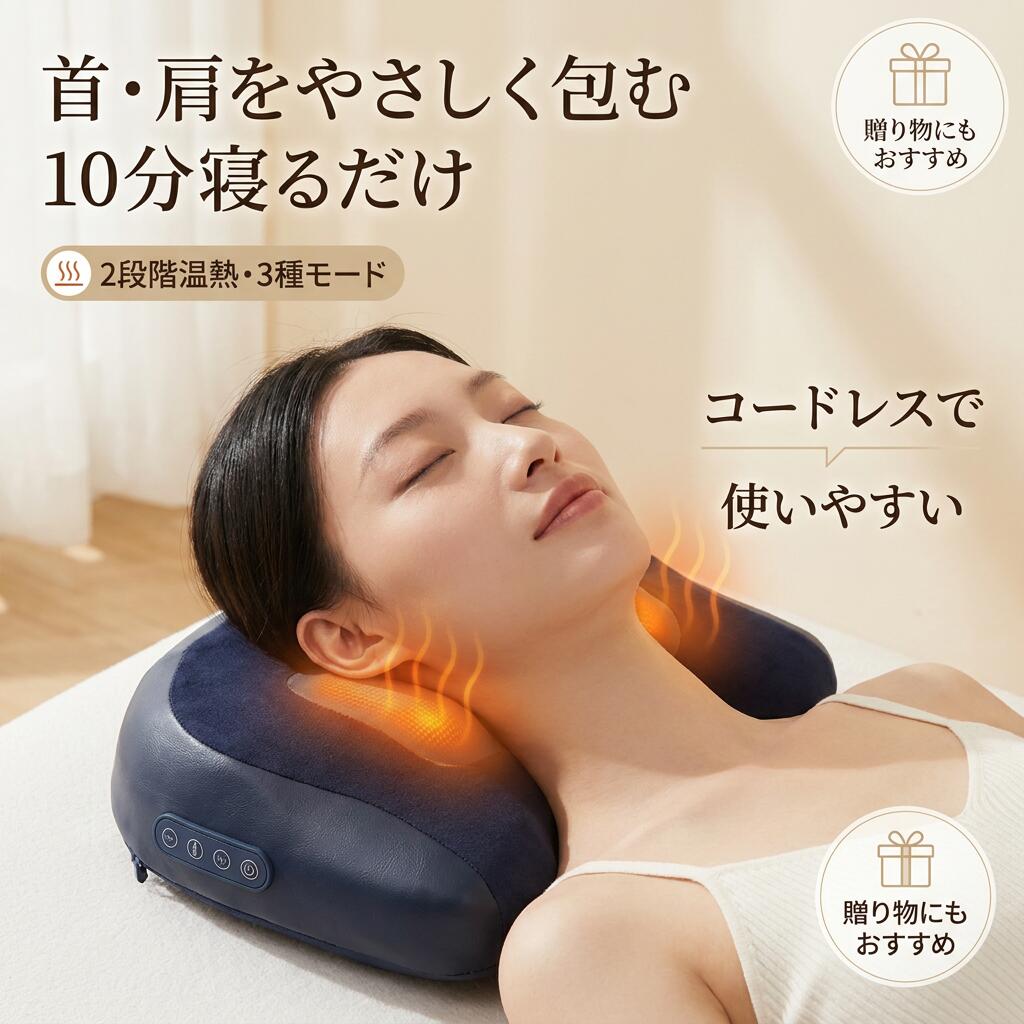 注意事項：モニターの発色により、実物と異なる場合がございます。商品詳細サイズ33*17*32cm重量2.17kgオフタイマー10分間電源USB TYPE-C充電式バッテリー容量2000mAhパッケージ内容マッサージ枕本体 X1、充電用USB...