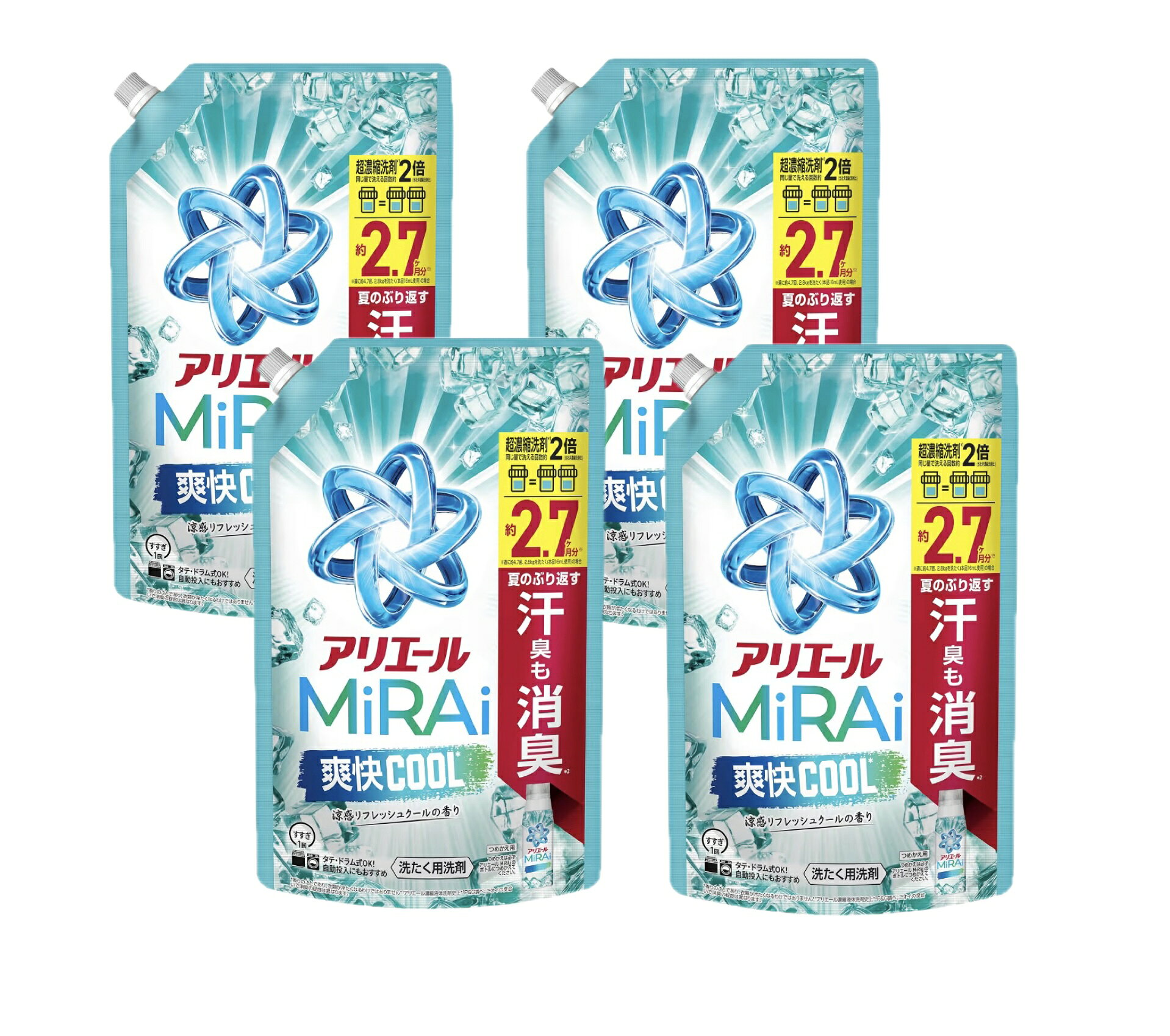 アリエール ミライ 超濃縮洗たく洗剤 液体爽快COOL【涼感リフレッシュクールの香り】詰替え用 920g×4袋 夏の汗に爽快COOL* 涼感リフレッシュクールの香り夏のぶり返す汗臭も新品級に消臭!タテ・ドラム式OK！自動投入にもおすすめ99...