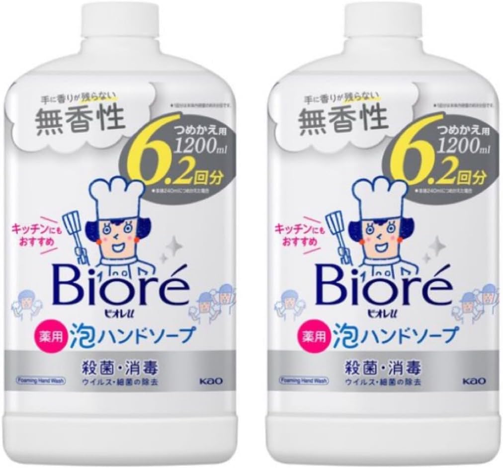 ビオレu 薬用　泡ハンドソープ【無香性】詰替え 1200mL ×2個 キッチンにもおすすめ　手に香りが残らない無香性。洗浄中へたりにくい「ながもっち泡」。1プッシュですみずみまで洗いやすい。泡立ちがよく長持ちの泡なのに、素早くすすげる。 5