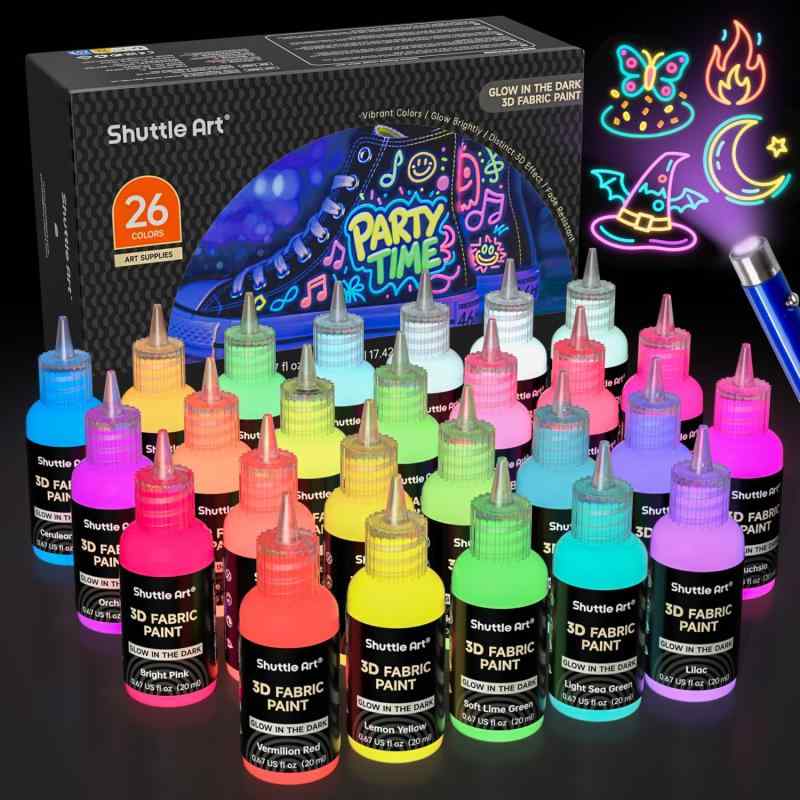 布用絵の具 3D立体 夜光 26色セット 20ml 暗闇で光るファブリックペイント ウォッシャブル 洗っても落ちない 耐久 ブラシ3本 UVブラックライト付き Tシャツ カンバス スニーカー バッ布用絵の具セット26色の布用絵具で、ブラシ3...