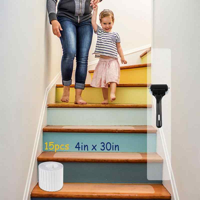 15Pack クリアノンスリップ階段踏面テープにはローラーが含まれています,4in x 30in (10cm x 76cm),クリア滑り止めテープ, 透明な滑り止めPEVA素材製,柔らかく,防水,ステップ,バスルーム用のプロの透明な滑り止め...