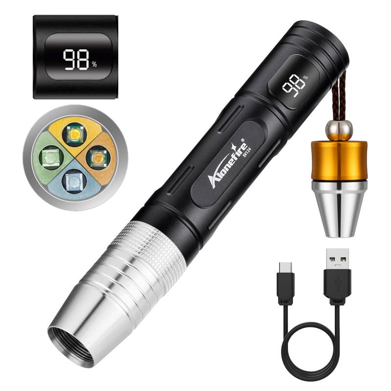 Alonefire SV124 EDC の懐中電燈 小型 365nm/395nm 紫外線 UV ブラックライト、黄色と白色の光 のデジタル表示 C型USB充電式 ペットの尿検知器 宝石 鉱物 用 小さな集中のヒント、内蔵バッテリー 付きユニ...