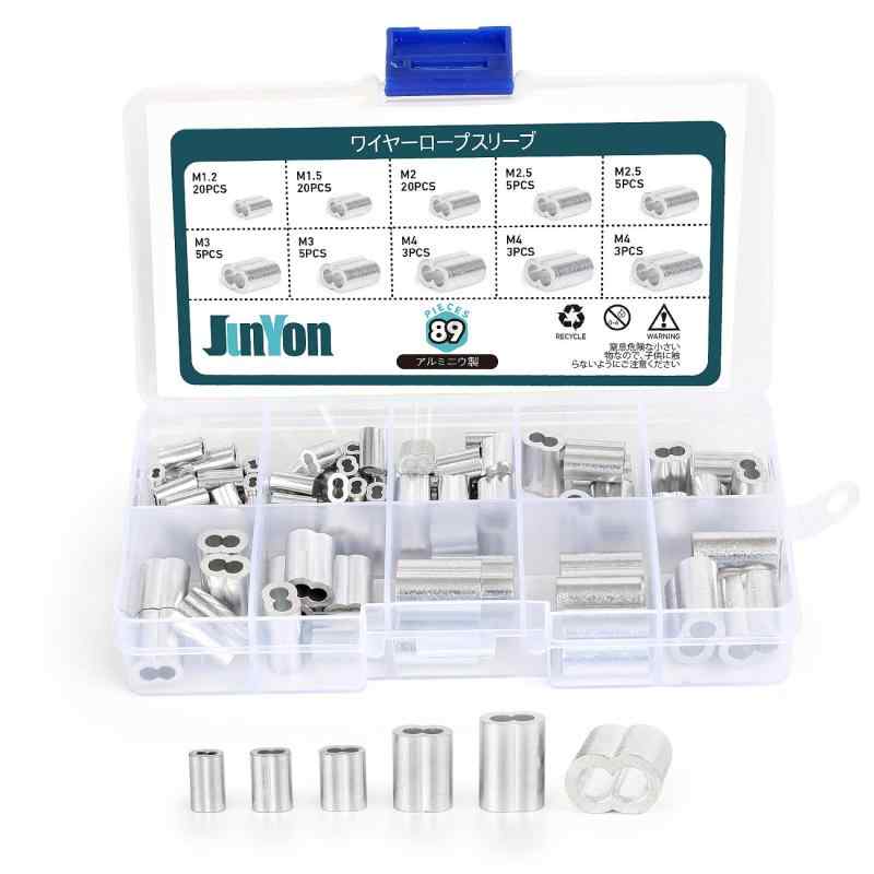 ワイヤーロープスリーブ アルミスリーブ 圧着ループスリーブ ロープチャック シルバー アルミニウム 6サイズセット（M1.2,M1.5,M2,M2.5,M3,M4） 89個入りワイヤーロープ用スリーブ6 サイズ混合入り　89個入り材質：アル...