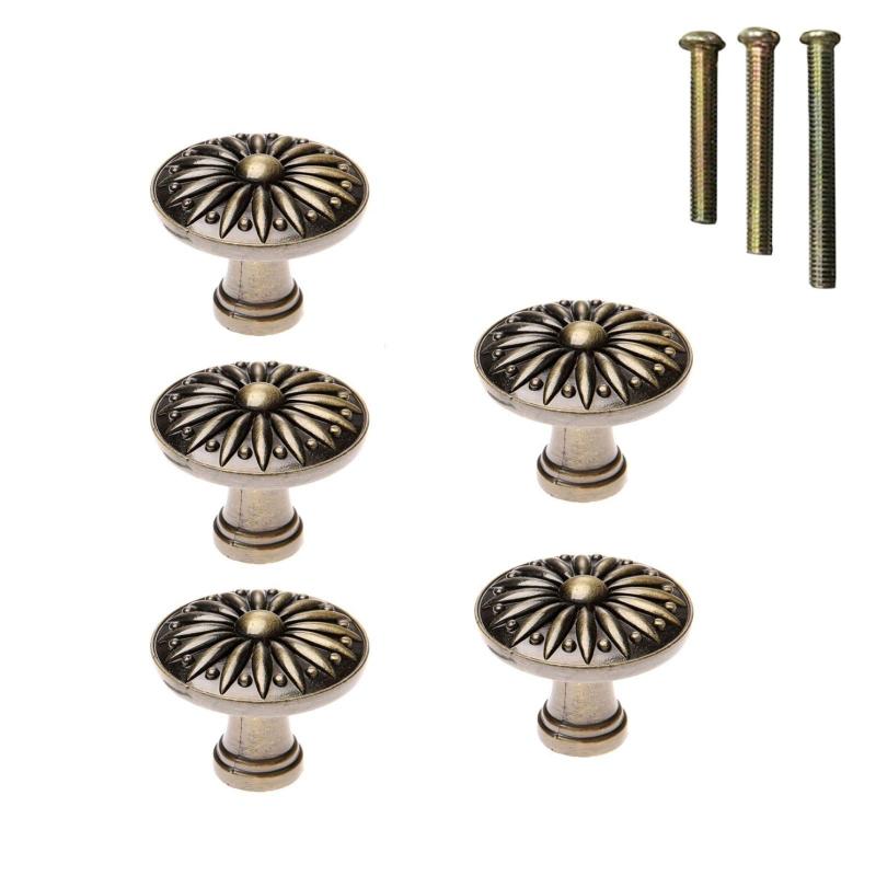 引き出し取っ手 アンティーク調 5個入 3サイズネジ付 引き出しノブ 引き出しつまみ 取手 タンス キャビネット 食器棚 金具 DIY 花柄 ブロンズ単孔 直径35mm取手サイズ直径：約35mm　高さ：約30mm　三つのネジのサイズM4x2...