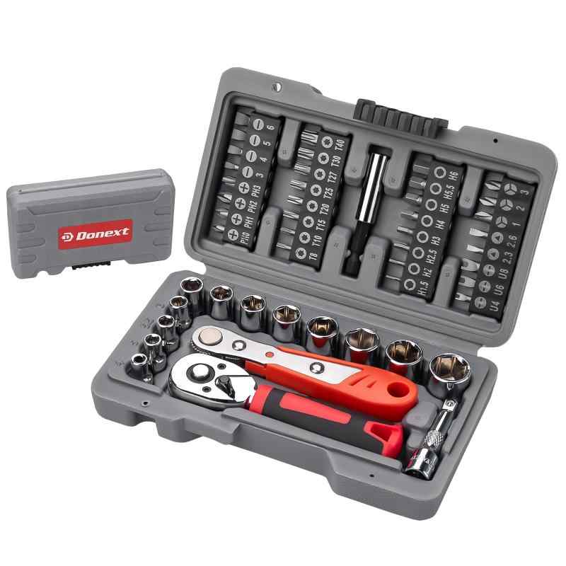 マルチドライバー&amp;ソケットセット 工具セット 48点組 差込角 6.35mm 1/4インチ ラチェットハンドル 磁気ドライバー ソケット ビットホルダー付き エクステンションバー 収納ケース付き コセット内容差込角6.3mm(1/4...