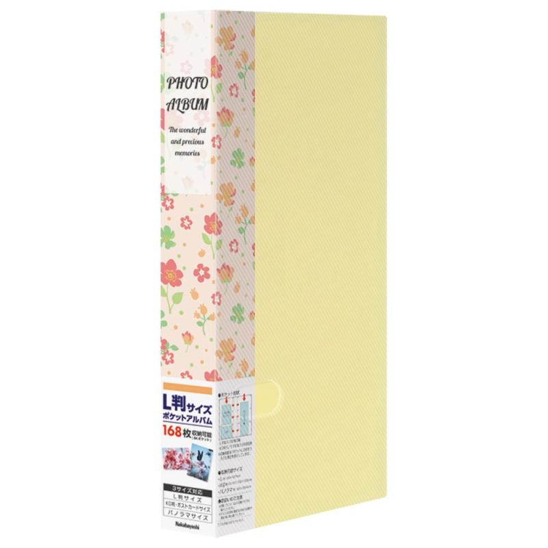 ナカバヤシ ポケットアルバム フォトホルダー L判 168枚 花柄 イエロー PHE2168A-Y本体寸法：タテ297×ヨコ157×背巾35mm本体重量（スリップケース込）：250g表紙：ポリプロピレン（厚み0.8mm）台紙：ポリプロピレン...