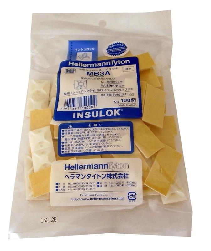 ヘラマンタイトン 粘着付配線固定具 マウントベース MB3A 100個入 標準・屋内用グレード 乳白入数:100個/袋寸法Amm:19/寸法Bmm:19φD:2.9色:乳白色基材:発泡ポリエチレン