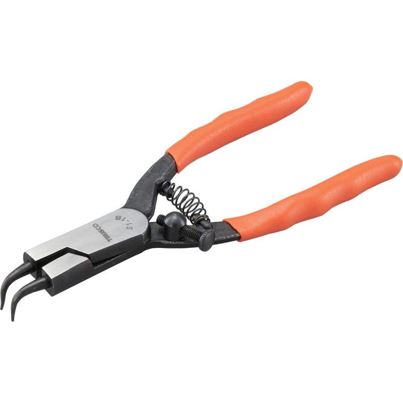 トラスコ中山(TRUS) スナップリングプライヤー 軸用 曲爪51型 オレンジ Φ0.8mm 51-0B全長(mm):155爪先端径(mm):0.8爪形状:曲爪リング使用範囲(mm):3~10質量(g):125