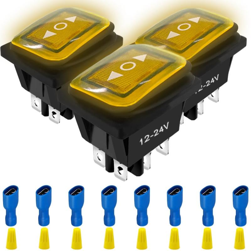 4 個瞬間極性反転スイッチ、防水 DC 20A 12V コントロール ロッカー トグル スイッチ、ダブル リセット、6 ピン (オン)-オフ-(オン)、KCD4 LED ライト点灯、10 個のコネクタ配線キャップ