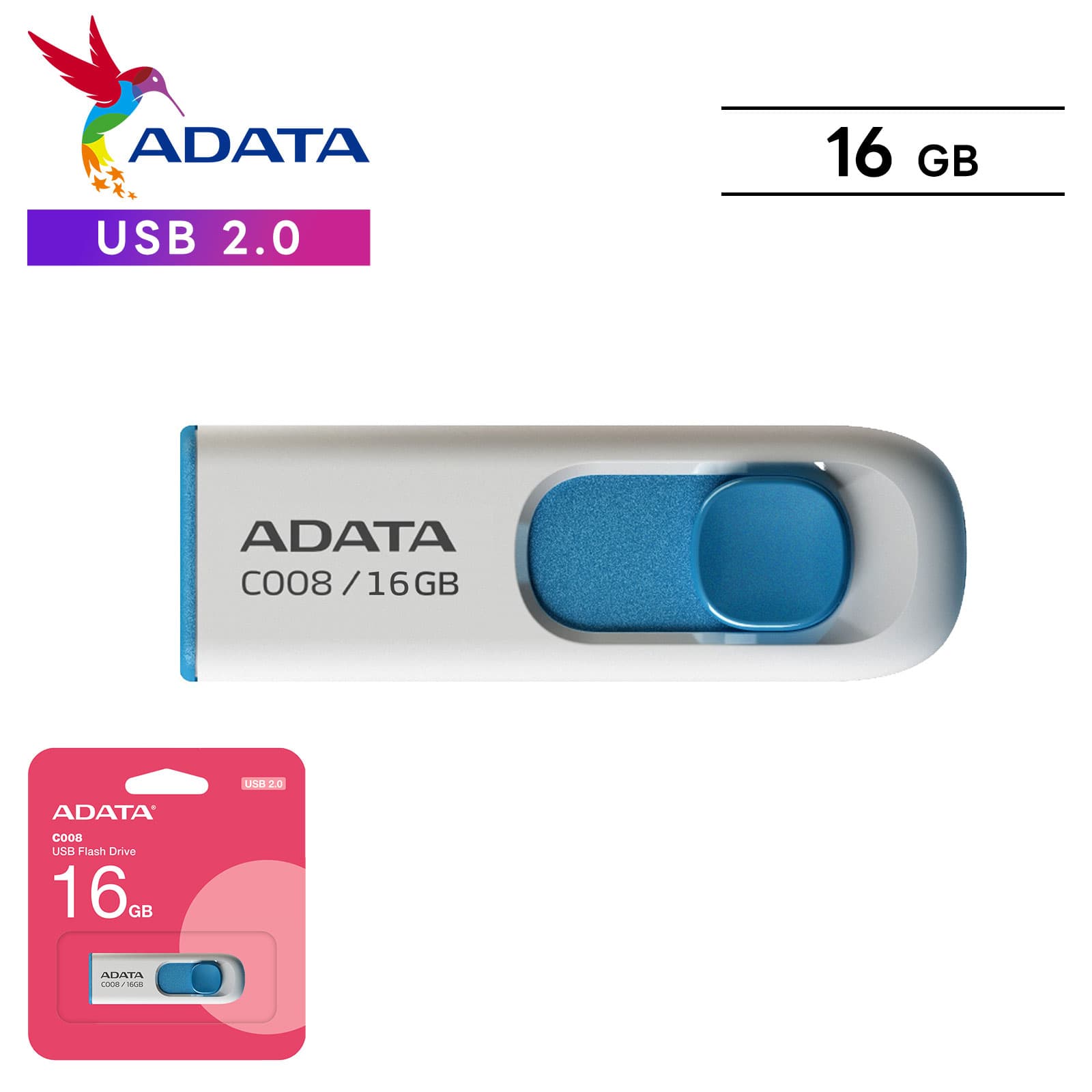 スライド式対応の16GB USB 2.0 USBメモリ アイテム ブランド ADATA エイデータ モデル名 C008 メーカー品番 A-C008-16GB 商品カテゴリ USBメモリ 容量 16GB コネクタ規格 TYPE A コネクタタ...
