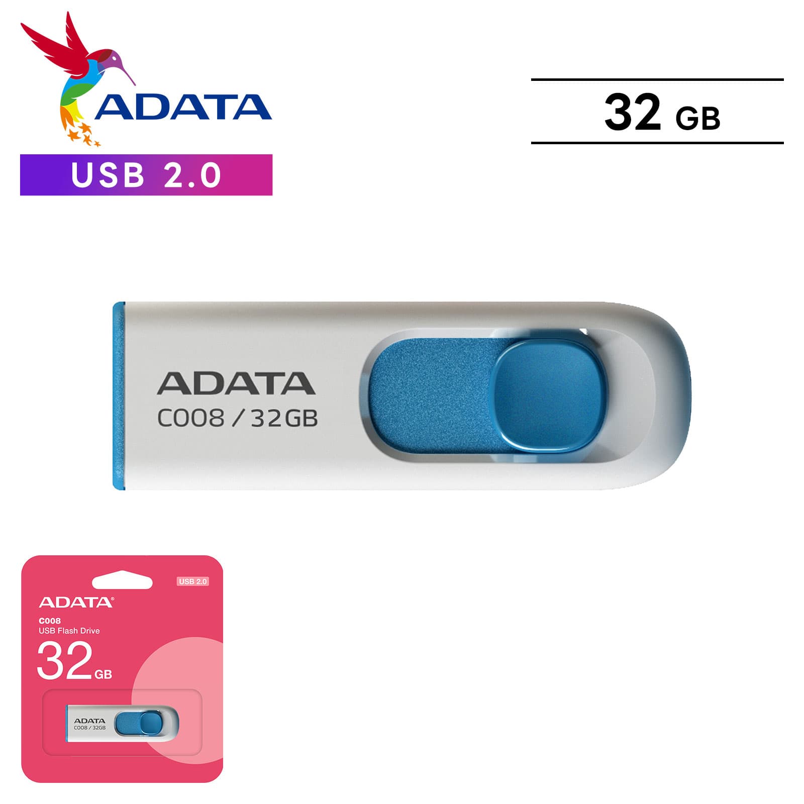 スライド式対応の32GB USB 2.0 USBメモリ アイテム ブランド ADATA エイデータ モデル名 C008 メーカー品番 A-C008-32GB 商品カテゴリ USBメモリ 容量 32GB コネクタ規格 TYPE A コネクタタ...