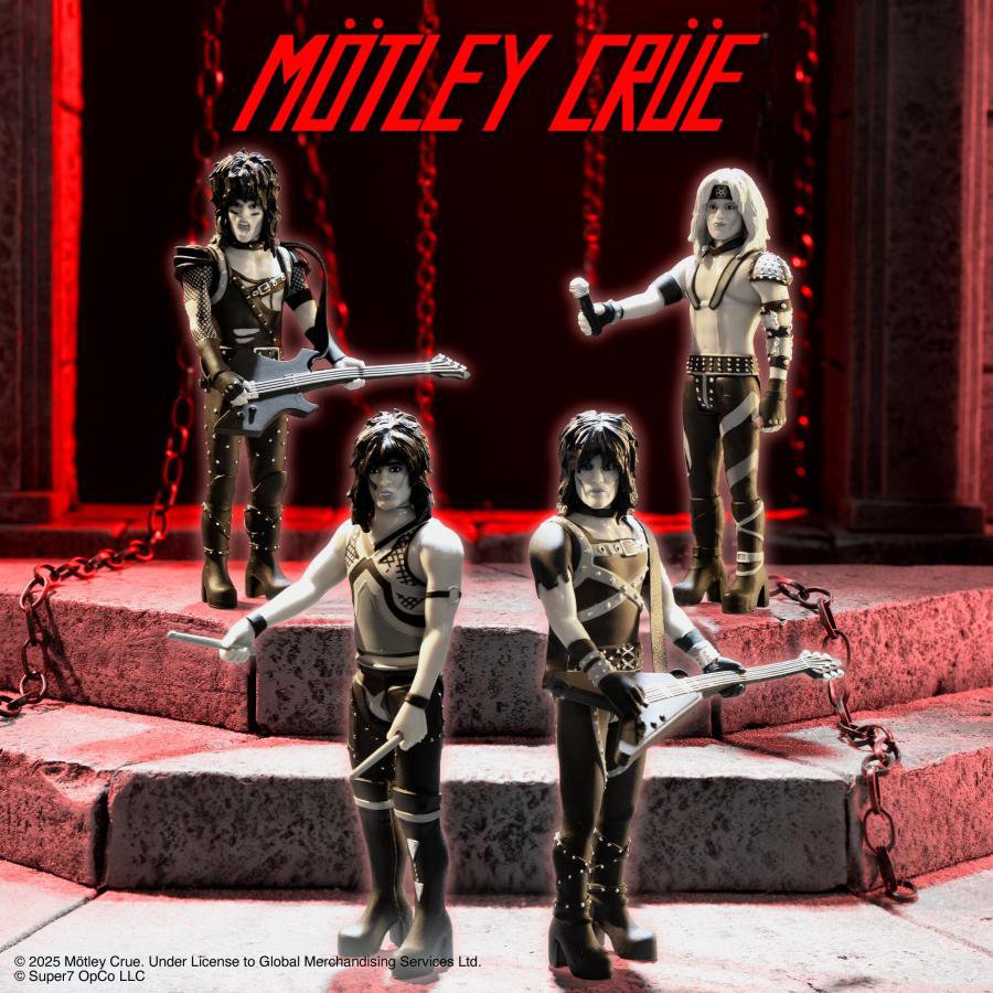 Motley Crue ReAction Figures Wave 2Vince Neil, Tommy Lee, Nikki Sixx, & Mick Mars(Shout At The Devil - Black & White)Wit...