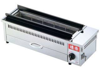 型式：500型（13A）外形寸法：間口500×奥行220×H191mm　焼面寸法：間口335×奥行115×H170mm　串受幅：120mmガス消費：2.4kW　ガス消費：4554kcal／h　ガス接続口：φ9.5mm（3分）　重量：7.6k...