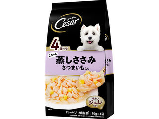 ・低脂肪なささみをふっくら蒸して低カロリー＊に仕上げました。(＊シーザーパウチ成犬 ビーフ＆彩り野菜入り比19％減)・厳選されたささみにさつまいもを加えて、丁寧な調理で素材のおいしさをそのまま閉じ込めました。【原材料】肉類(鶏肉、ささみ)、...