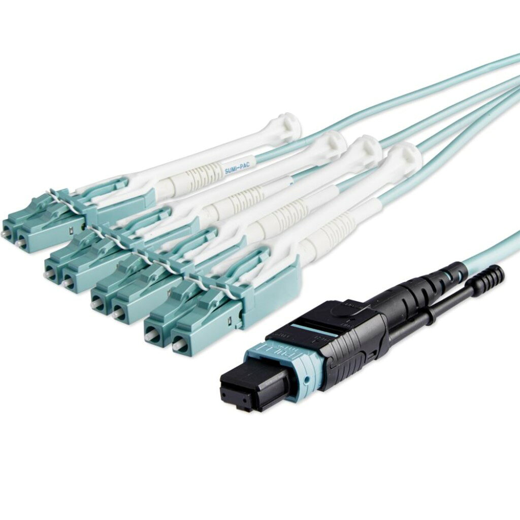 MPO/MTP-4x LC ブレイクアウトケーブル。1つの40GBase-SR4 QSFP+トランシーバーから 4つの10Gbps LC SFP+トランシーバーへ分岐させることができます。プッシュ&プルタブは、アクセス性に優れ、工具を使用せ...