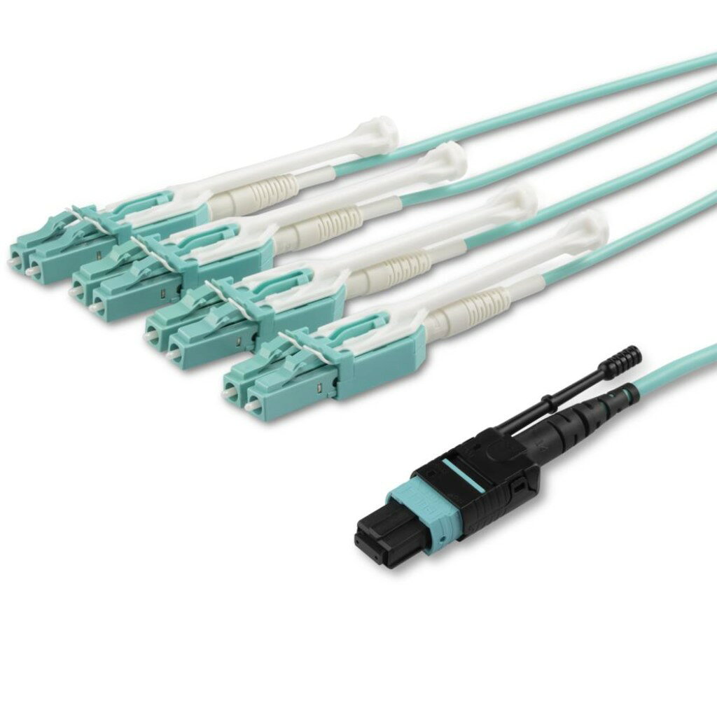 MPO/MTP-4x LC ブレイクアウトケーブル。1つの40GBase-SR4 QSFP+トランシーバーから 4つの10Gbps LC SFP+トランシーバーへ分岐させることができます。プッシュ&プルタブは、アクセス性に優れ、工具を使用せ...