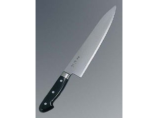 刃渡り：27cm　全長：420mm　335g　背厚：2.9mm★C・M製品は、従来の炭素鋼の製品に、クローム、モリブデンを含有した製品で、錆にくく、切れ味も炭素鋼の製品に近い切れ味を示します。プロ用のステンレス製品として杉本が自信をもってお...