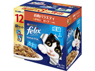 ・やわらかくほぐしたお肉のうまみをジューシーなゼリーで包み込んだごはん。・お肉大好きネコさんにチキン・ビーフの2種類が入ったバラエティパック。【原材料】成猫用 ゼリー仕立て チキン：肉類(チキン、ビーフ、家禽ミール 等)、小麦たんぱく、鶏脂...