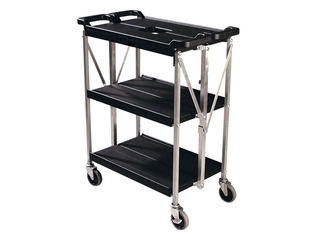 カラー：ブラックサイズ：750×418×H900mm　質量：17kg折りたたみ時：752×225×H1020mm　棚有効寸法：600×395mm車輪：φ100mm×4 自在 2輪ストッパー付材質：フレーム/アルミ、本体/ポリエチレン棚間隔：...