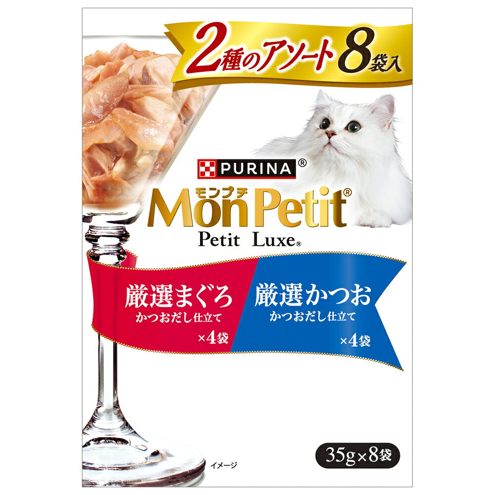 2種類の人気フレーバーを詰め合わせたアソートパック●原材料＜厳選まぐろ＞魚介類(かつお、まぐろ、フィッシュエキス)、調味料、増粘安定剤(加工でんぷん、増粘多糖類)、カラメル色素、ビタミンE＜厳選かつお＞魚介類(かつお、フィッシュエキス)、調...