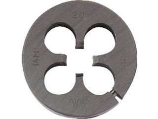 【特長】切り屑を逃がす穴を持っためねじ形の工具です。調整ねじ付きです。【用途】おねじ加工用。被削材:低炭素鋼。【仕様】呼び寸法：M20ピッチ(mm)：1.0外径(mm)：50厚さ(mm)：16加工ねじ：メートル細目ねじ【材質/仕上】タングス...