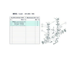 【特長】ダイアフラム型ドライ真空ポンプのメンテナンスに必要な消耗品を揃えたセットです。修理時に通常交換するダイアフラム、吸排気弁などの部品セットです。【用途】お客様ご自身でメンテナンスをされる場合に。【仕様】適合機種：DA-20D、DA-4...