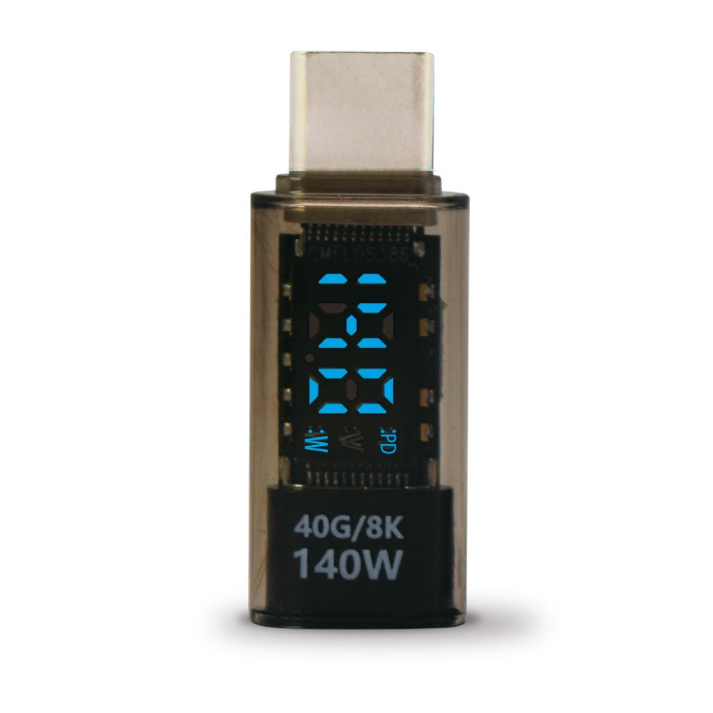 スケルトン筐体に電力表示ディスプレイを搭載したUSB4対応のTYPE-C 変換コネクタです。本製品をケーブルとTYPE-C搭載機器の間に挟むことで、流れる電力[W]と電圧[V]を測定して表示します。最大140Wまでの電力表示に対応し、スマホ...
