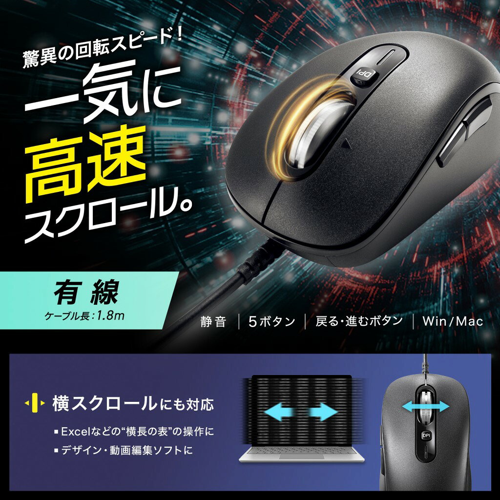 縦方向に一気にスクロールできる高速スクロールと、左右方向のスクロールが可能なチルトホイールを搭載した有線マウスです。Excel作業やWebページ閲覧時に素早く上下スクロールしたり、左右方向にスクロールしたりすることができます。※Office...