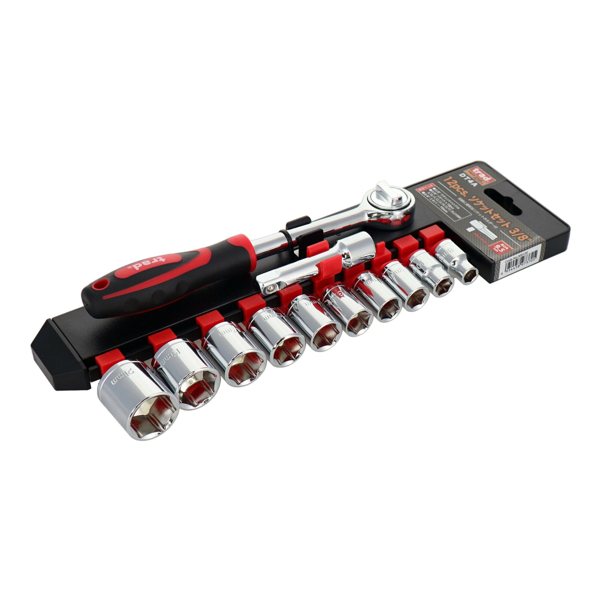 収納に便利なソケットホルダー付。●セット内容:3/8"ラチェットハンドル、3/8"ソケット×10pcs(8・10・11・12・13・14・15・17・19・21mm)、3/8"エキバー:70mm●本体サイズ:H300×W90×D30mm●重...