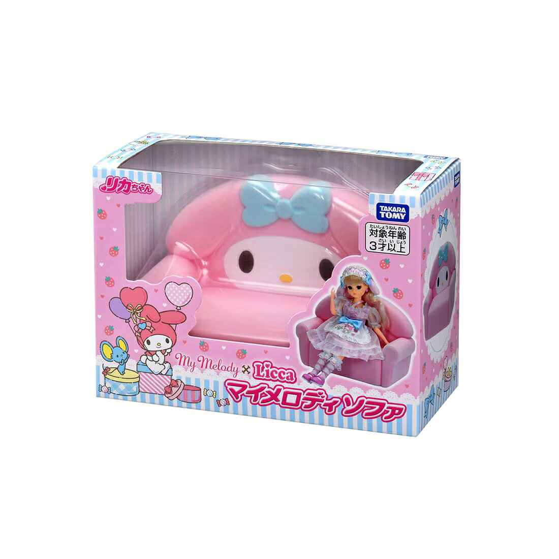 マイメロディのかたちをした、リカちゃんサイズのふわふわソファーです。 リカちゃんやフレンドが二人並んで座れるサイズ感で、おへや遊びがもっと楽しくなります。商品内容：ソファ(1)© TOMY © 2026 SANRIO C...