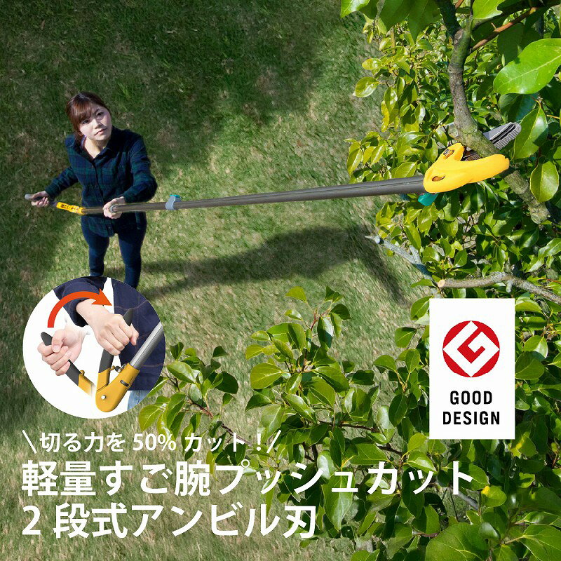 商品詳細 ●握るハンドルに比べ、使う力を50％軽減 ●女性や年配の方でも楽に軽く作業できます ●ワンタッチで13段階伸縮 商品名 軽量すご腕プッシュカット2段式アンビル刃 品　番 520 サイズ W11.7×D4.8×H170cm 重　量 ...