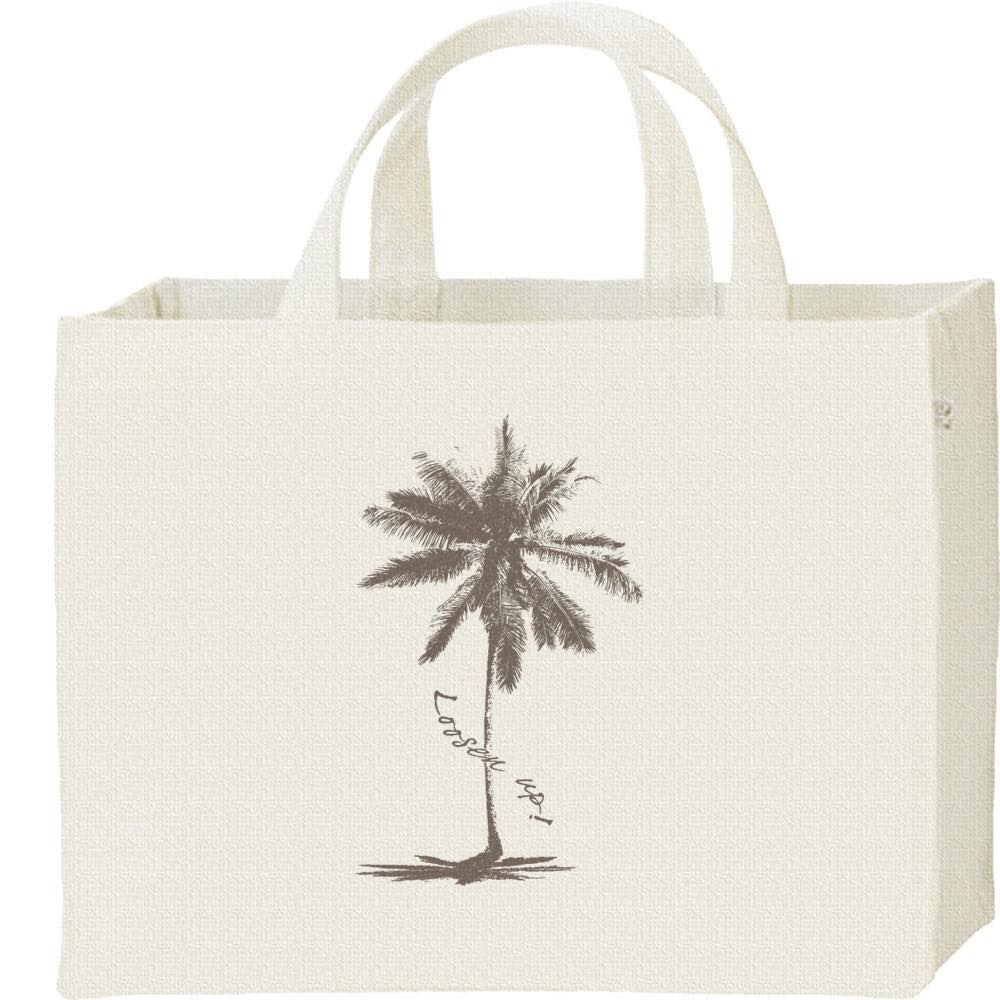 トロピカル感のあるヤシの木モチーフです。 ＜ロゴ部分＞ Loosen up!（肩の力を抜いて！、くつろいで！）　