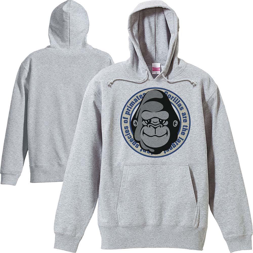 マンガ（アニメ）タッチのゴリラです。＜ロゴ部分＞ Gorillas are the largest extant species of primates. （ゴリラは、現存する霊長類の最大種です）　