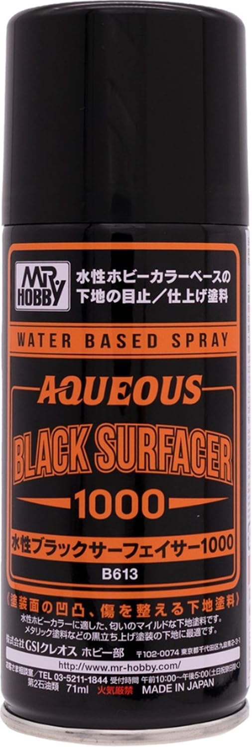 GSIクレオス 「水性ブラックサーフェイサー1000スプレー 170ml」 ホビー用表面処理材です。 大好評の水性サーフェイサーに黒色のブラックサーフェイサー1000が登場です！ 溶剤匂いも少なく、より高い安全性を有しながら、表面の傷埋め処...