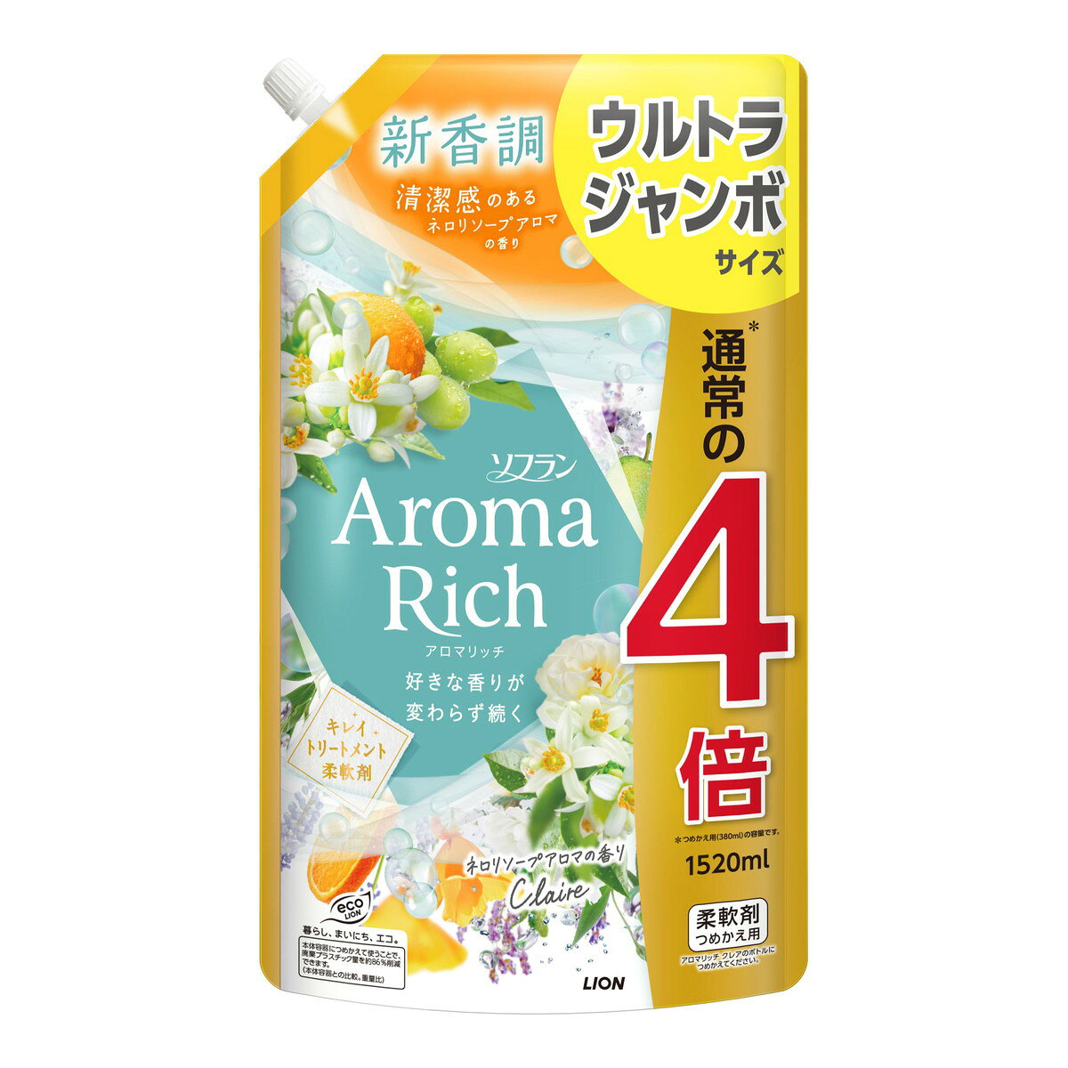 商品名：ライオン ソフラン アロマリッチ クレア つめかえ用 ウルトラジャンボ 1520mL 柔軟剤 ネロリソープアロマの香り内容量：1520mLJANコード：4903301367116発売元、製造元、輸入元又は販売元：ライオン原産国：日本...