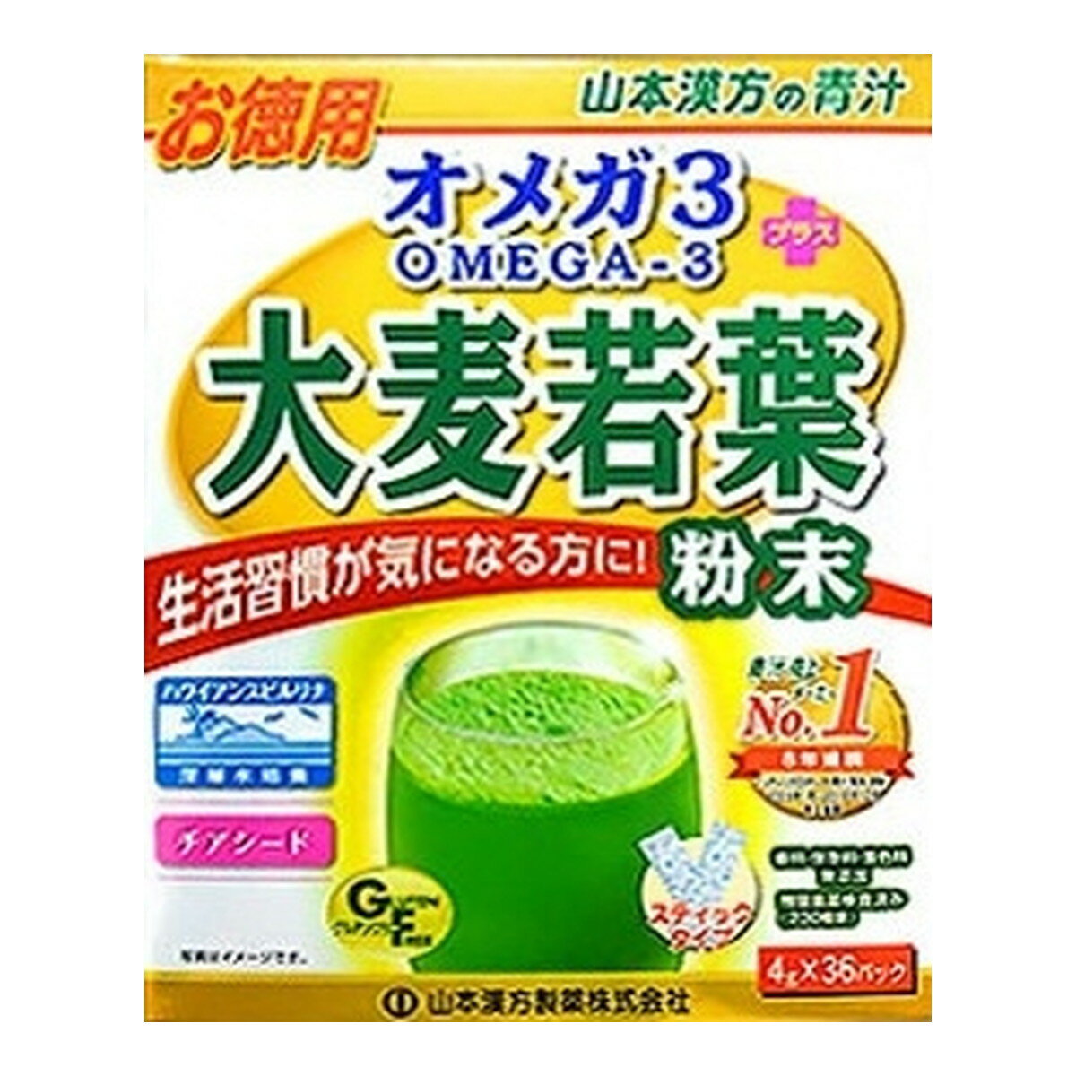 商品名：山本漢方製薬 オメガ3+ 大麦若葉粉末 4g×36パック 青汁内容量：4g×36パックJANコード：4979654027007発売元、製造元、輸入元又は販売元：山本漢方製薬原産国：日本商品番号：103-r001-4979654027...